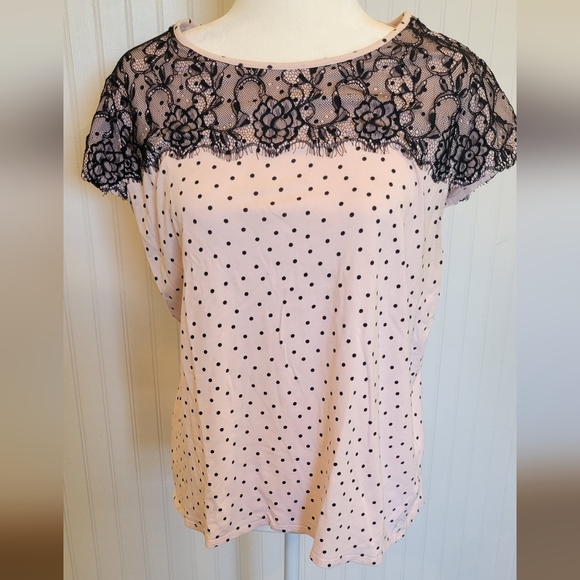 Elle | Tops | Elle Blouse With Short Sleeves Pink With Black Polka Dots ...